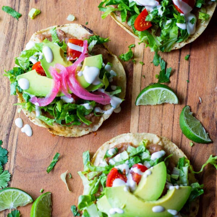 Tostadas de Frijoles (Tostadas with Refried Beans) - Very Veganish